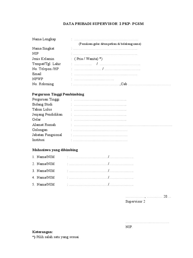 Form Data Pribadi Supervisor 2 PKP-PGSM | PDF