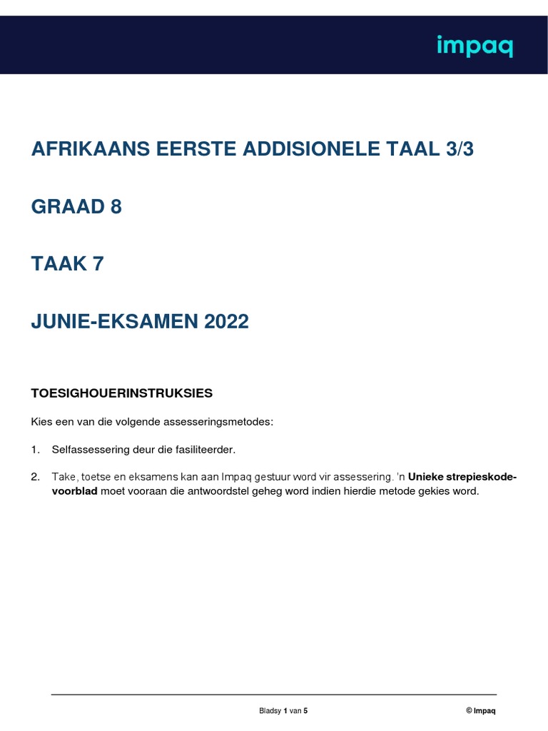 Afrikaans Eerste Addisionele Taal 3/3: Toesighouerinstruksies | PDF