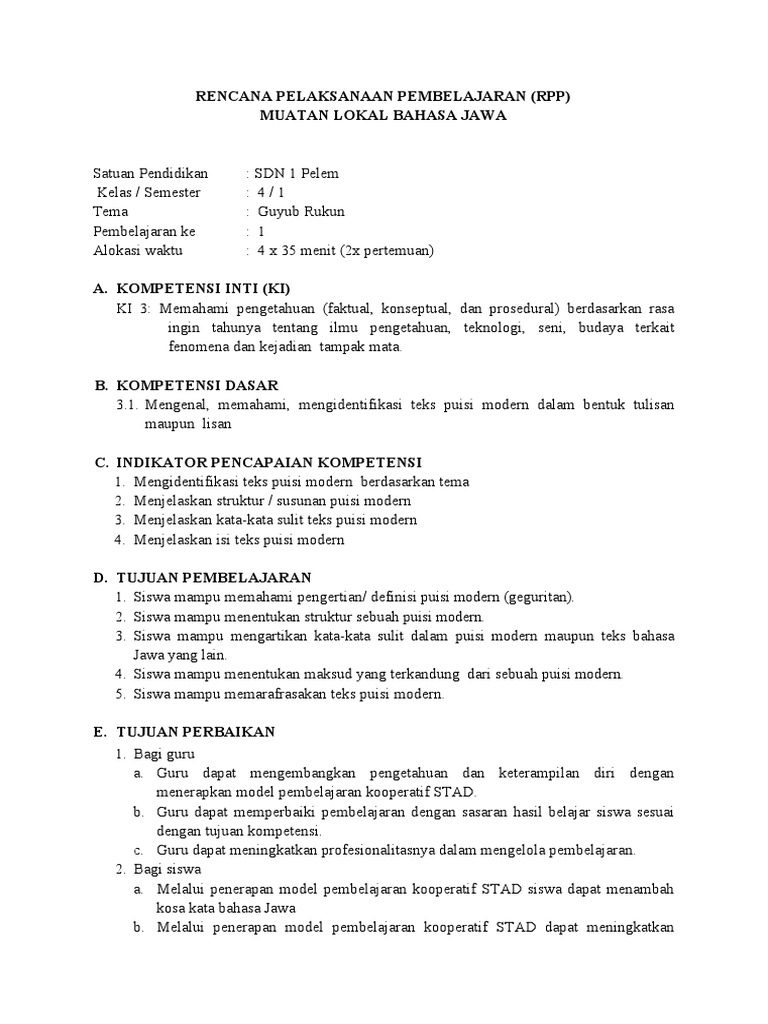 RPP Pra Siklus Mapel Bahasa Jawa Kls 4 | PDF