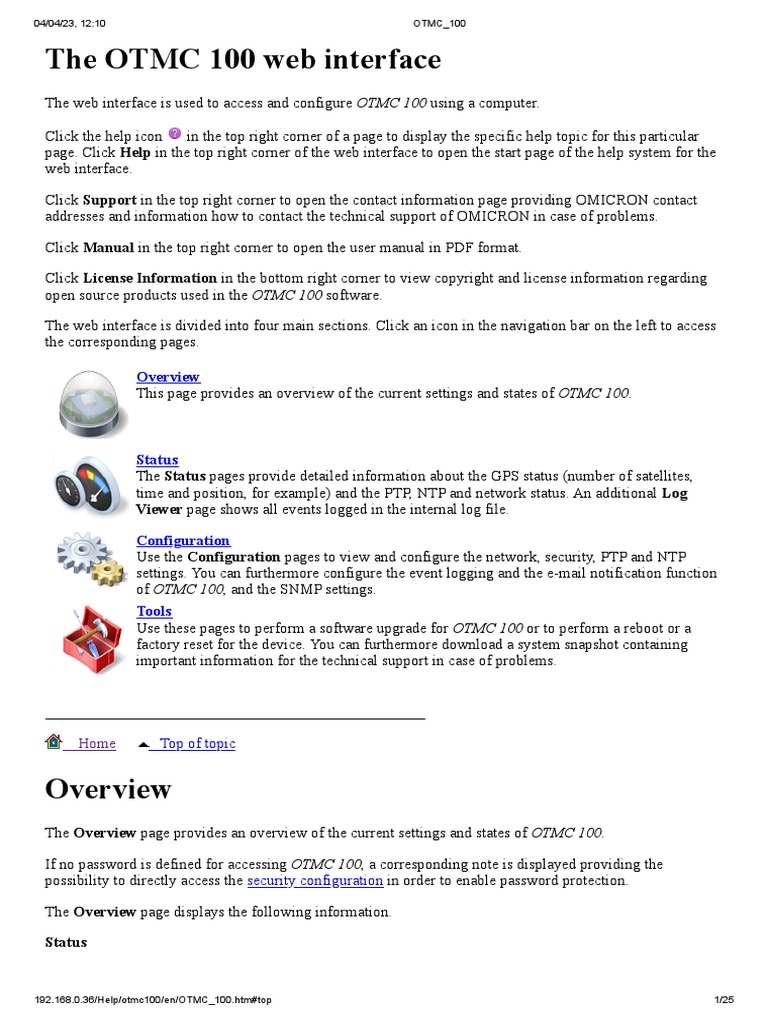 OTMC 100 From Webinterface Help | PDF