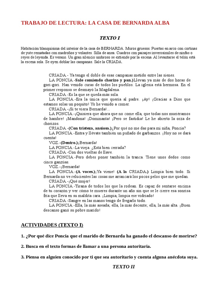 Trabajo de Lectura: La Casa de Bernarda Alba: Texto I | PDF