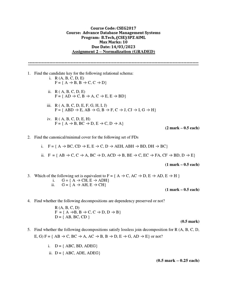 Assignment 2 - Normalization (GRADED | PDF | Data Model | Data