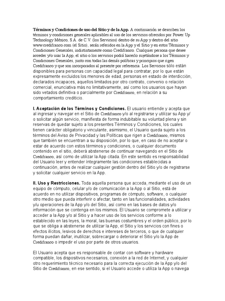 Términos y Condiciones de Uso Del Sitio y de La App. A Continuación Se Describen Los | PDF ...