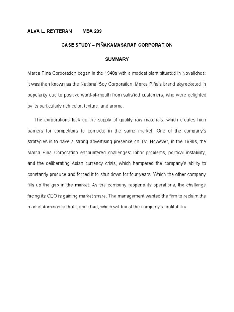 Case Study MBA 209-Pinakamasarap Corp | PDF