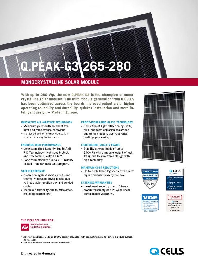 Hanwha Q CELLS Data Sheet QPEAK-G3 265-280 | Download Free PDF | Solar ...