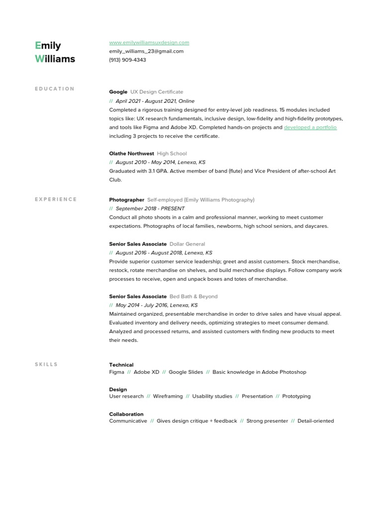 Google UX Design Certificate - Emily Williams Resume (Example) | PDF