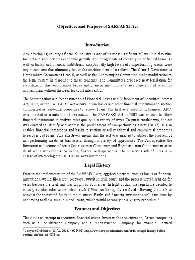 Objectives and Purpose of SARFAESI Act | PDF | Securities (Finance) | Security Interest