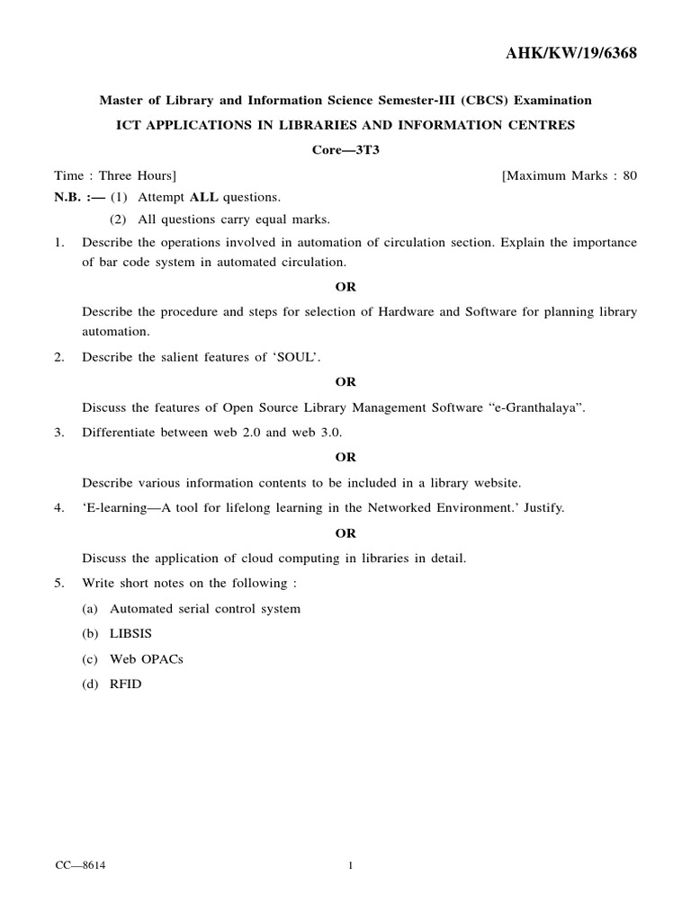 Master of Library and Information Science Semester-III (CBCS) Examination Ict Applications in ...