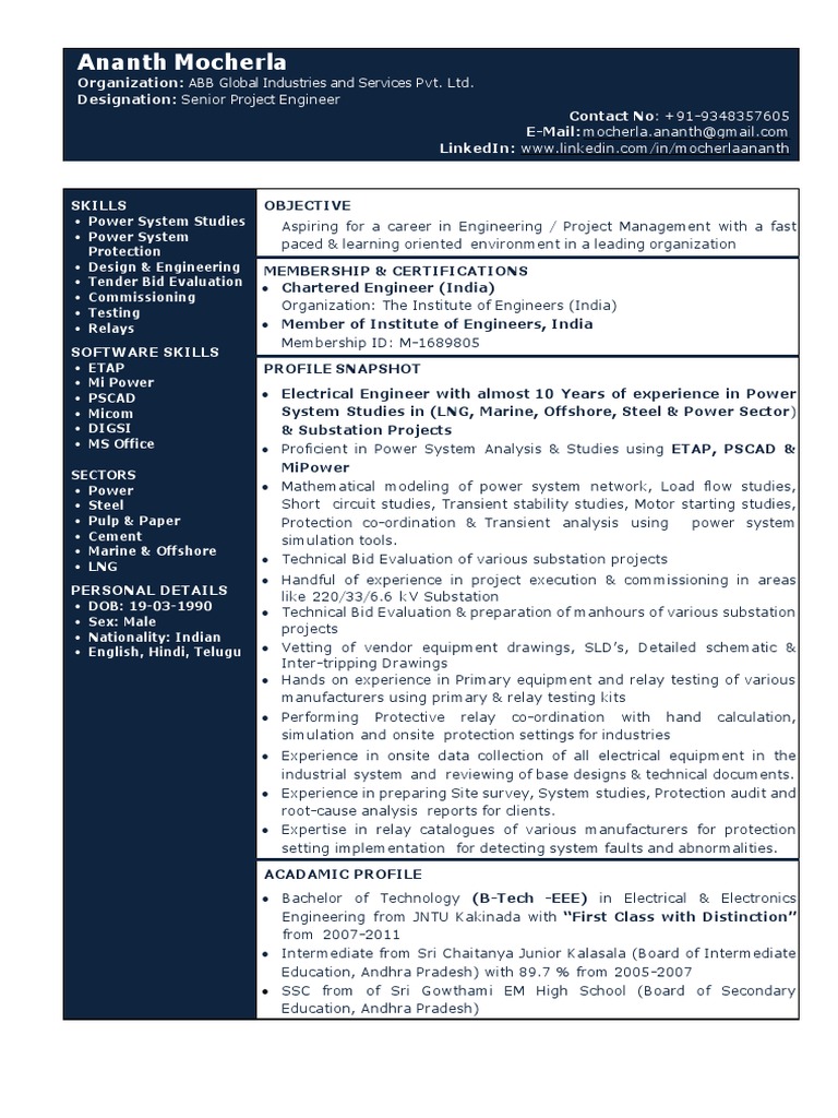 Ananth Mocherla: Senior Project Engineer Profile | PDF | Electrical ...