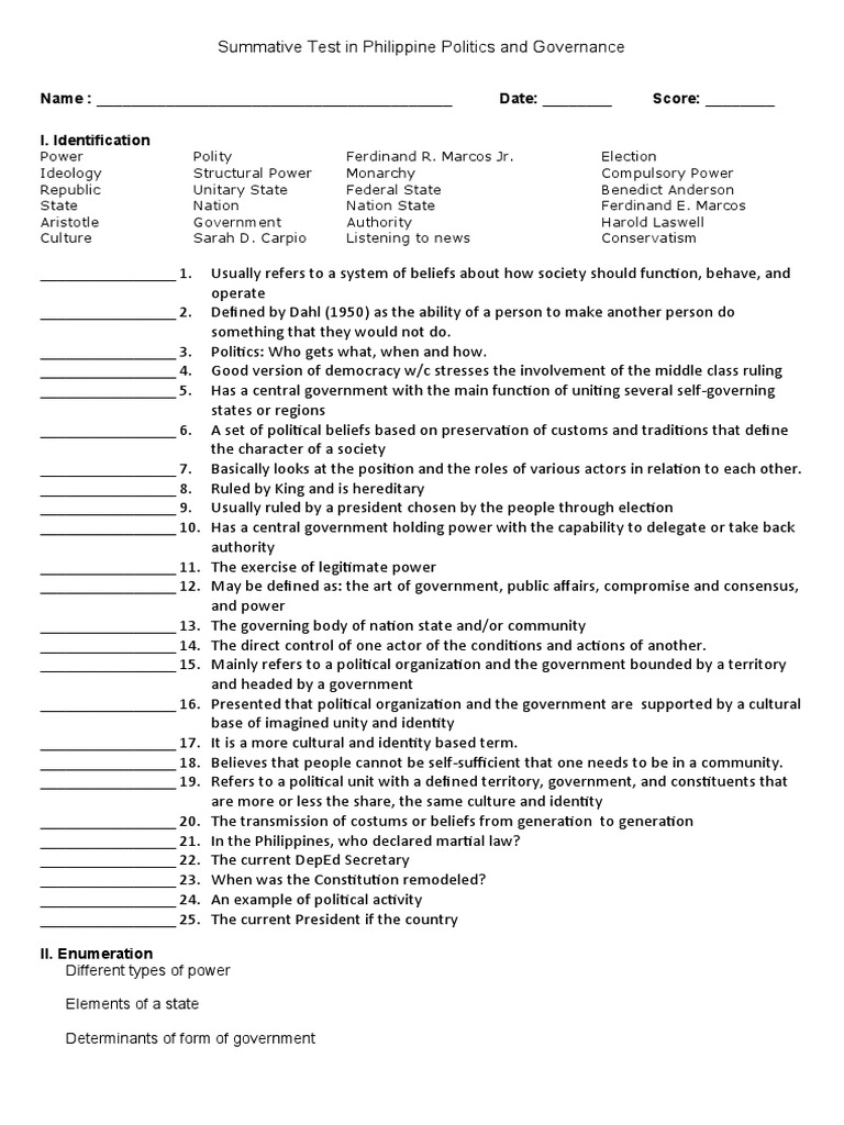 Summative Test in Philippine Politics and Governance | PDF | State ...