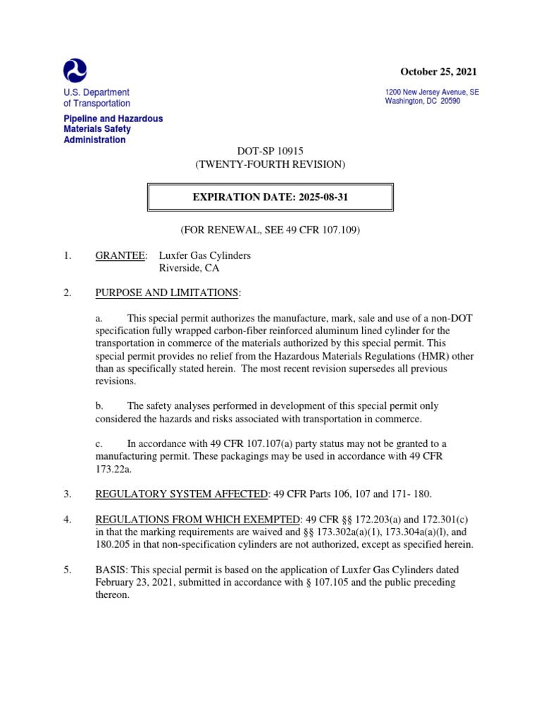 DOT - SP10915 Rev 24 | PDF | Nitrous Oxide | Dangerous Goods