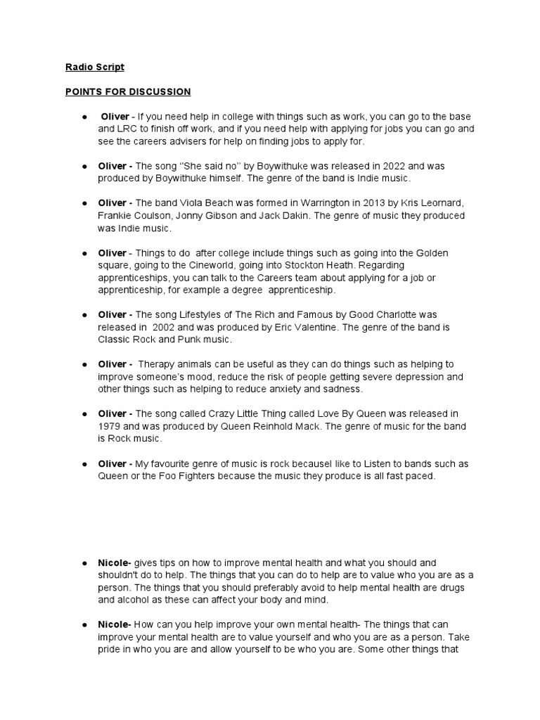 Oliver Connolly - Script - Points for Discussion | PDF | Psychology