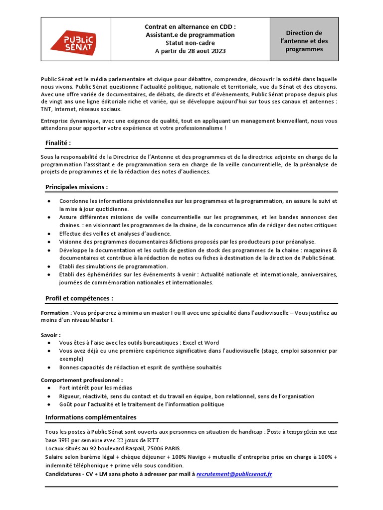 2023 04 12 Fiche de Poste Alternant Assistant de Programmation | PDF