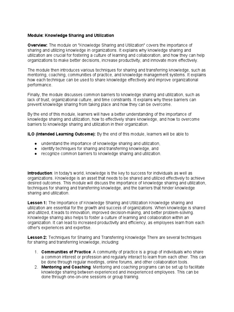 Module 10 - Knowledge Sharing and Utilization | PDF | Mentorship | Collaboration