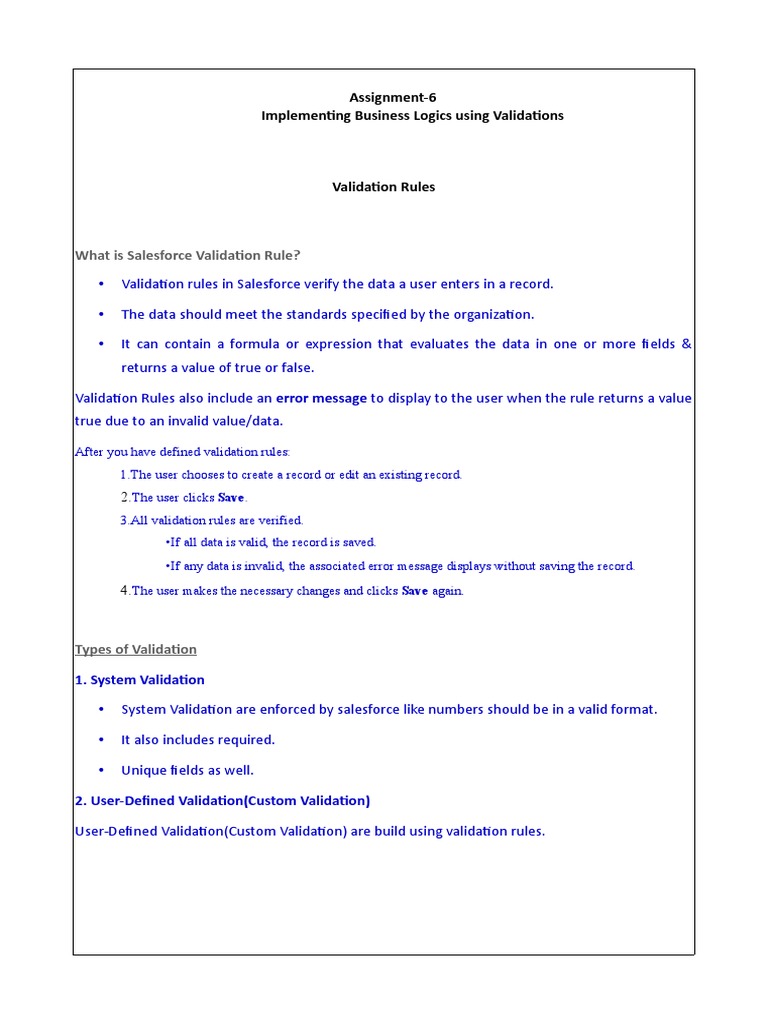 What Is Salesforce Validation Rule?: Assignment-6 Implementing Business Logics Using Validations ...