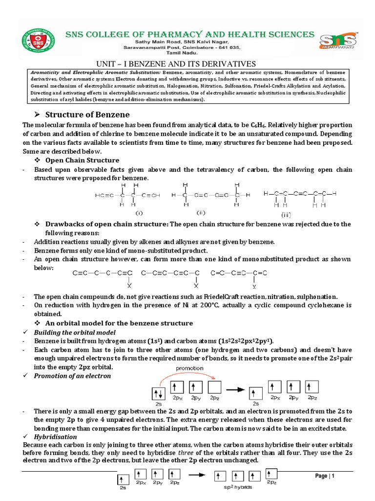 Structure of Benzene: Unit - I Benzene and Its Derivatives | PDF