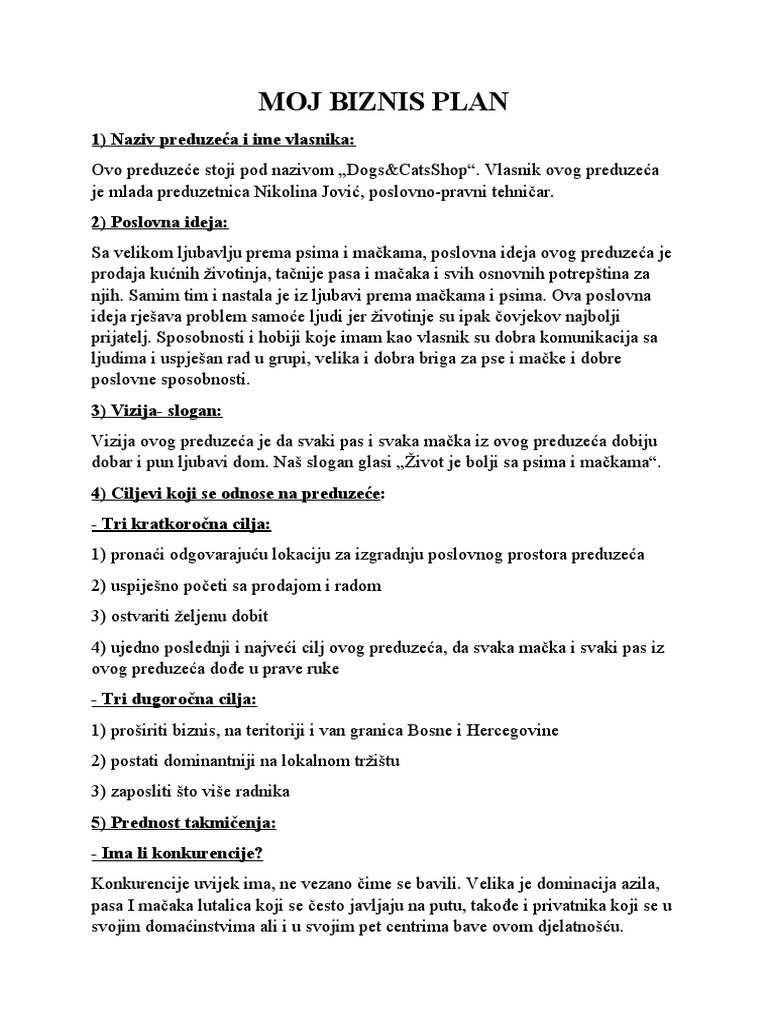 BIZNIS PLAN Nikolina Jović | PDF