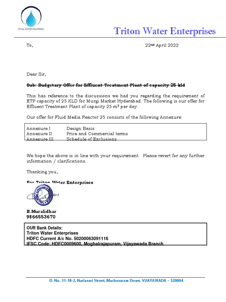 Triton Water Enterprises: Sub: Budgetary Offer For Effluent Treatment ...