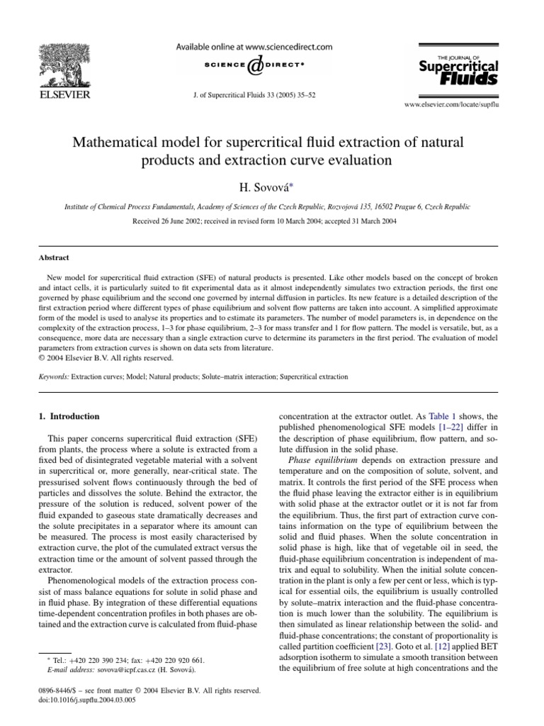 Mathematical Model For Supercritical Fluid Extraction of Natural Products and Extraction Curve ...