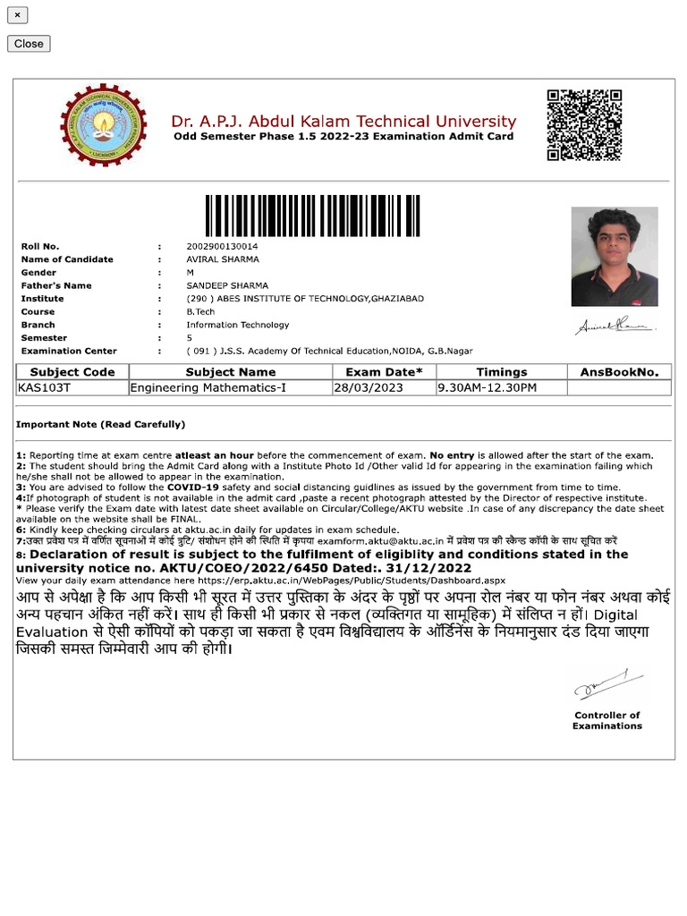 Aktu Admit Card | PDF