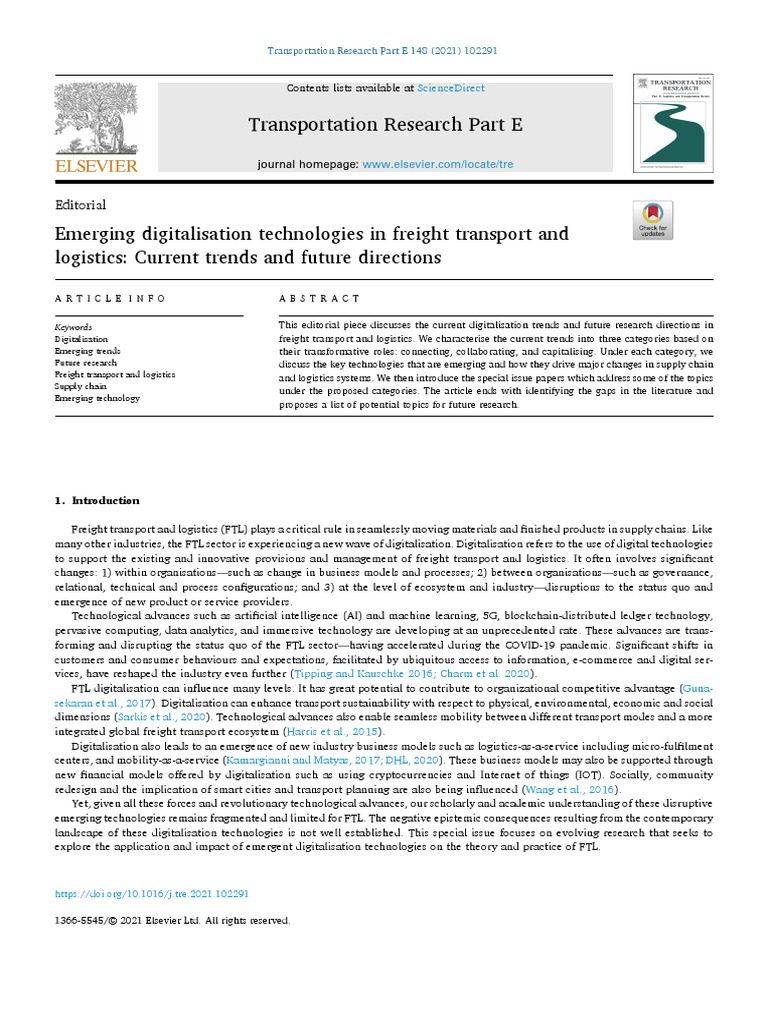 Emerging Digitalisation Technologies in Freight Transport and Logistics: Current Trends and ...