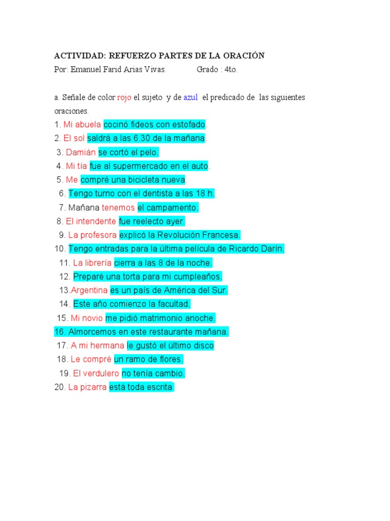 Actividad Refuerzo Partes de La Oración | PDF | Cocina, comidas y vino