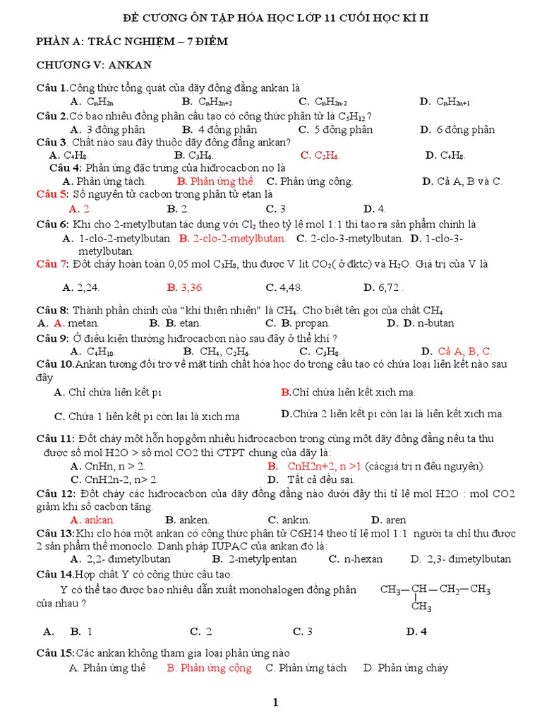 De Cuong Hoa 11 Hoc Ki 2 Trac Nghiem Va Tu Luan | PDF