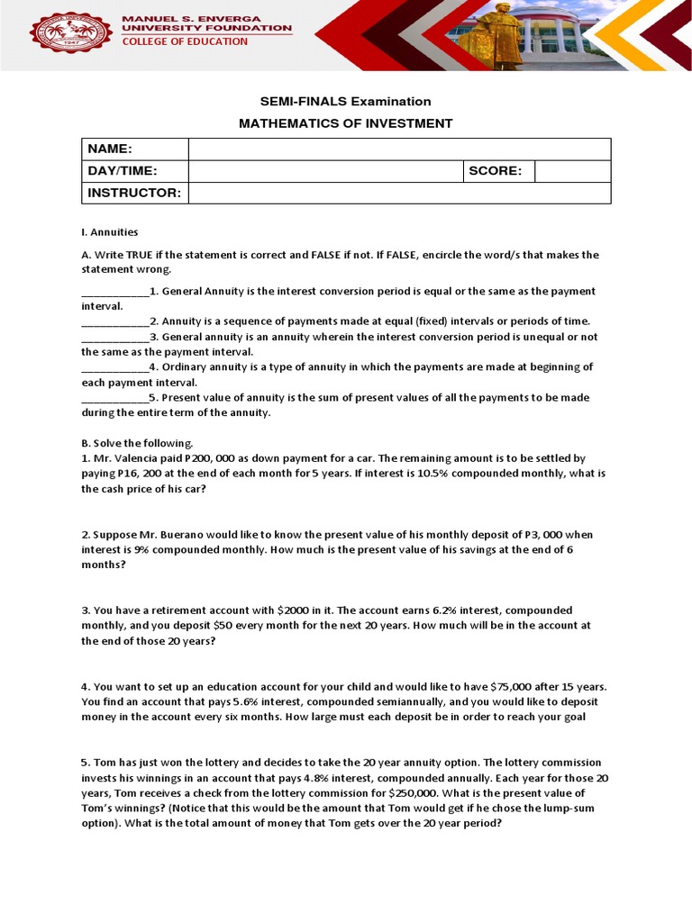 Mathematics of Investment Semis | PDF | Present Value | Interest