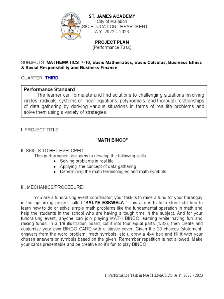 PT MATH BINGO - Final | PDF | Mathematics | Equations