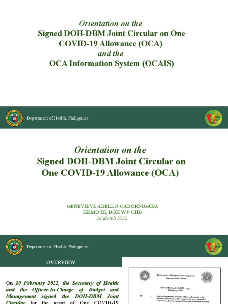 Signed DOH-DBM Joint Circular On One COVID-19 Allowance (OCA) OCA Information System (OCAIS ...