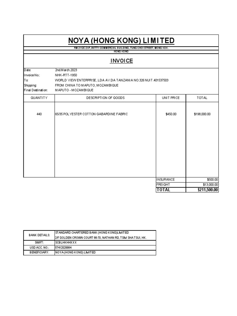 Noya (Hong Kong) Limited: Invoice | PDF