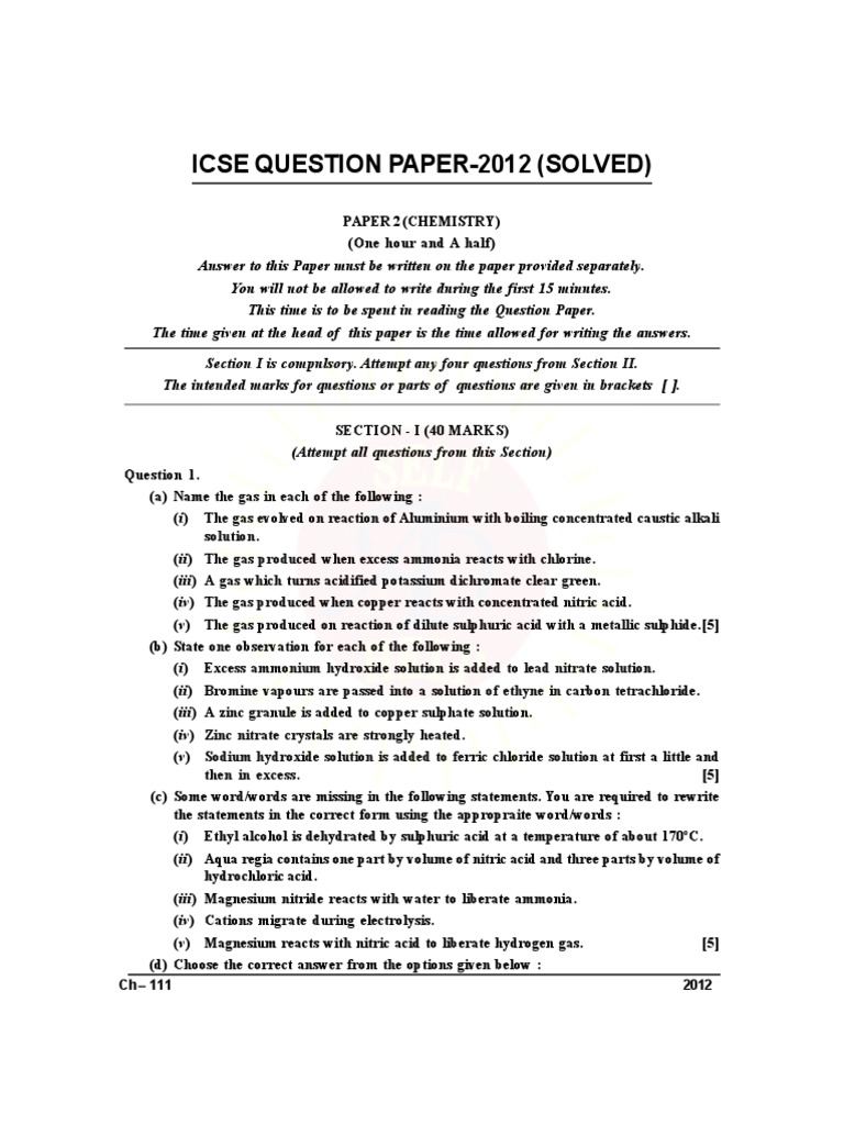 Icse Question Paper-2012 (Solved) | PDF