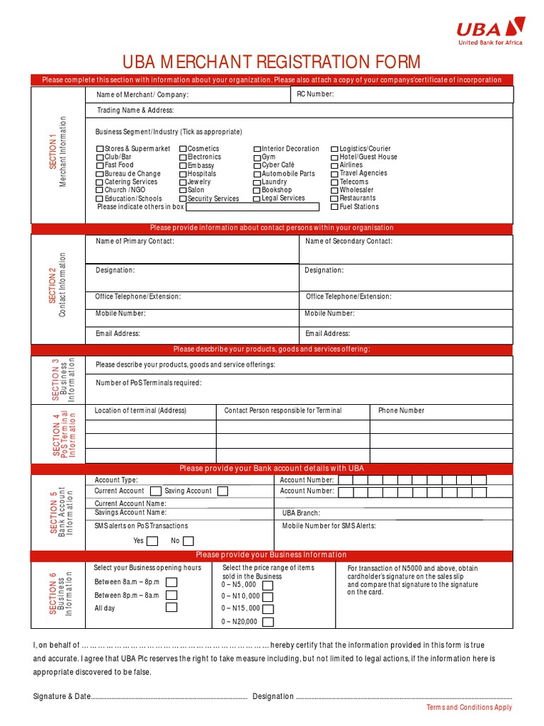 UBA Merchant Registration Form Final | PDF