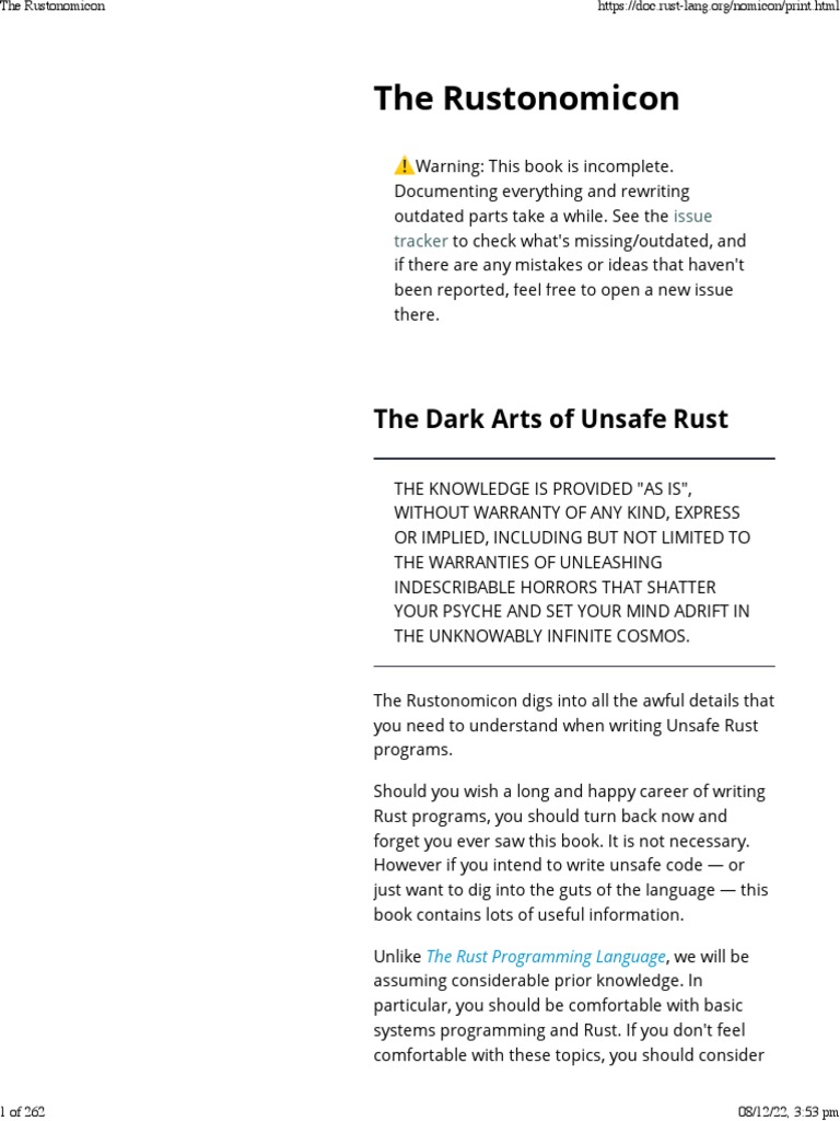 The Rustonomicon: The Dark Arts of Unsafe Rust | PDF