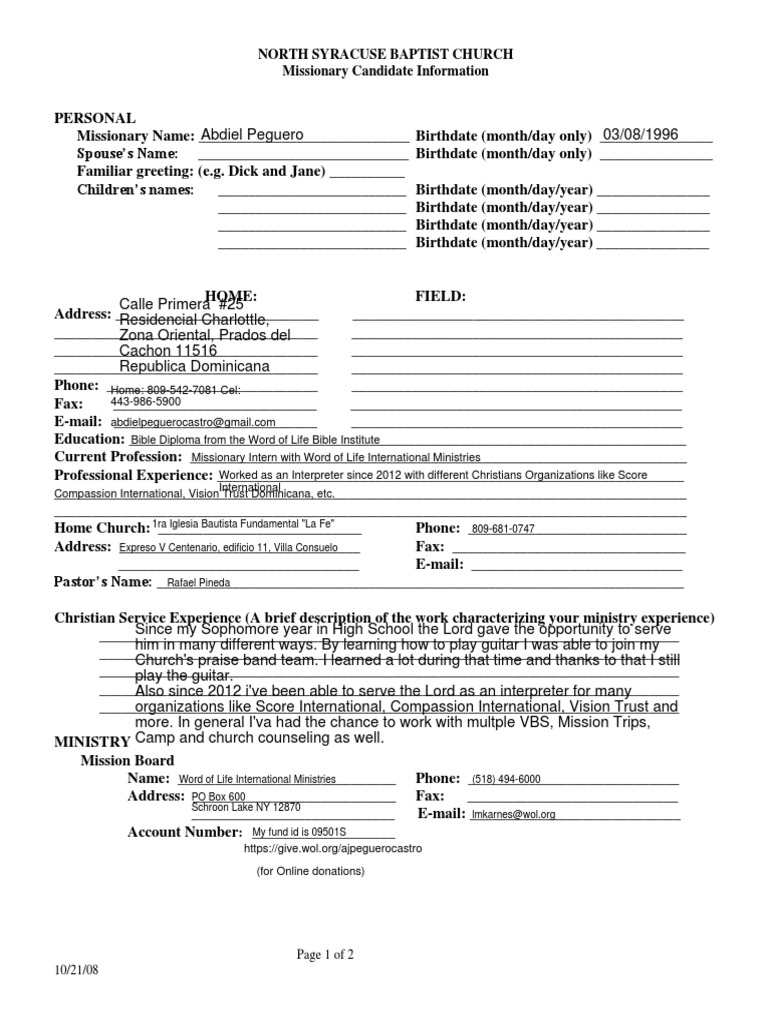 Missions.Missionary Candidate Information Form | PDF | Jesus | Eternal ...