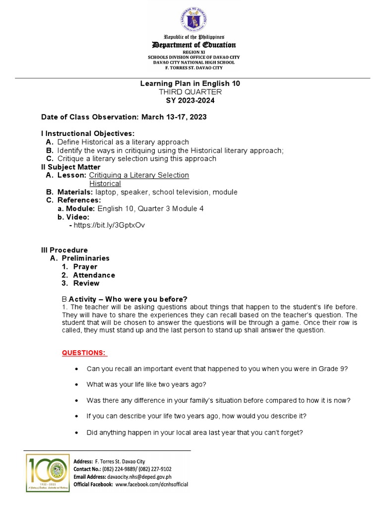 Lesson Plan - Historical | PDF | Teachers | Cognitive Science