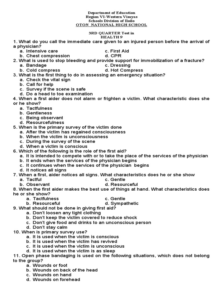 3Rd Quarter Test HEALTH | PDF | First Aid | Clinical Medicine