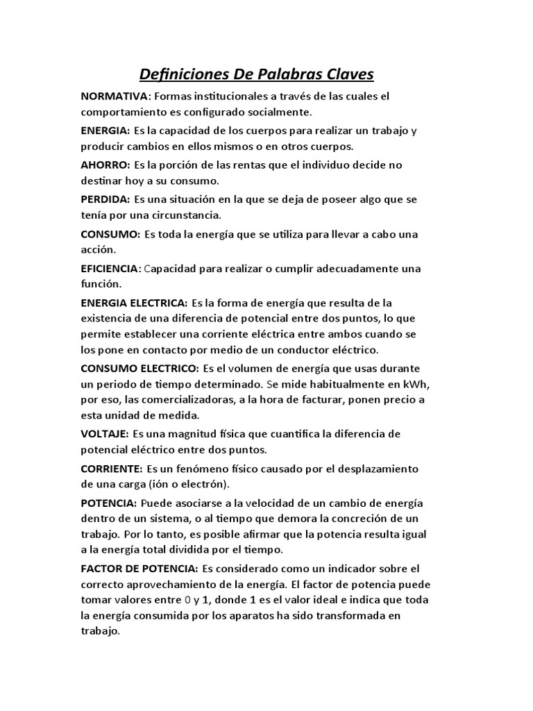 Definiciones de Palabras Claves | PDF | Electricidad | voltaje