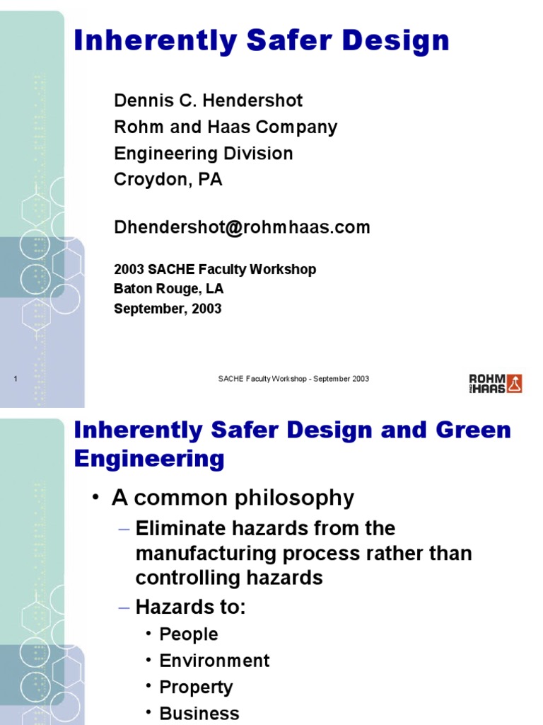Dennis Hendershot SACHE Inherently Safer Design | Green Chemistry ...