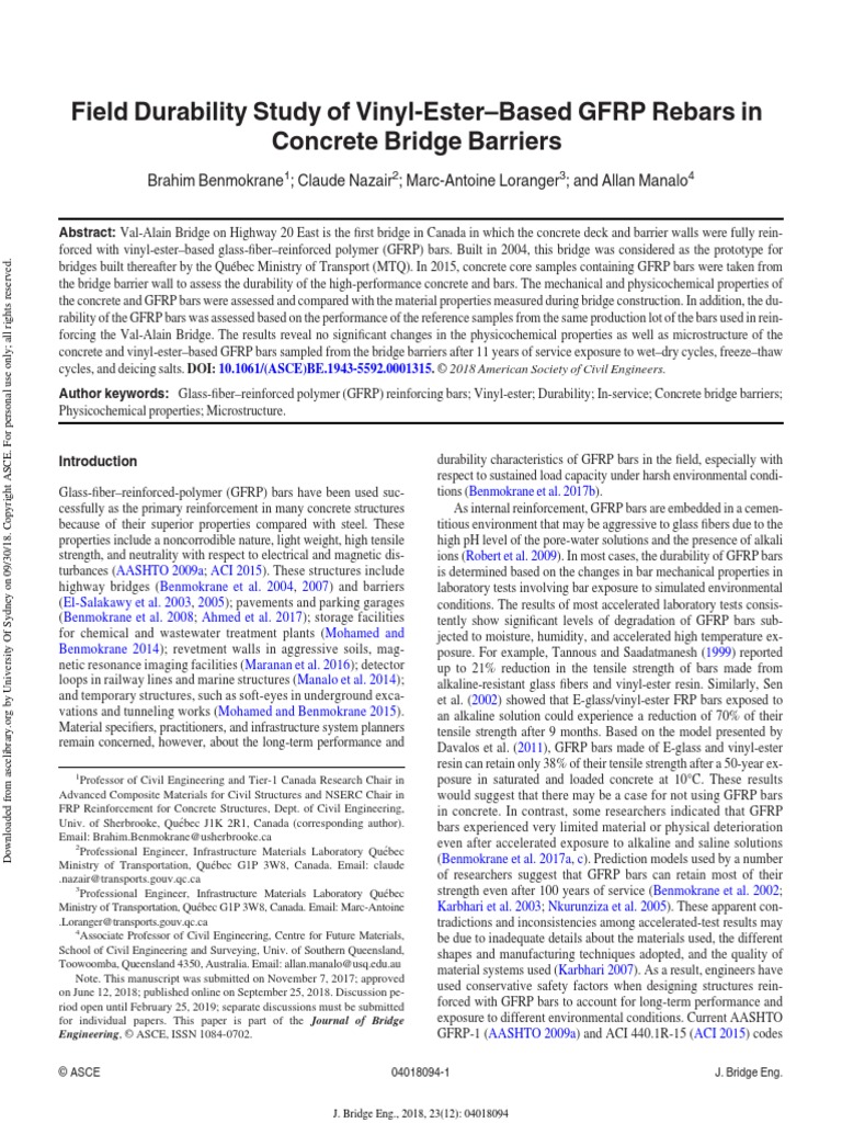 Field Durability Study of Vinyl-Ester-Based GFRP Rebars in Concrete ...