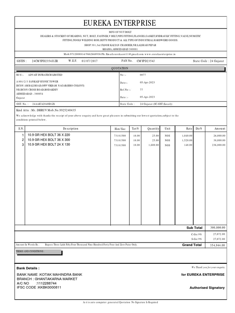 Eureka Enterprise: Gstin: W.E.F. Pan No. State Code: 24 Gujarat CMYPD2354J 01/07/2017 ...