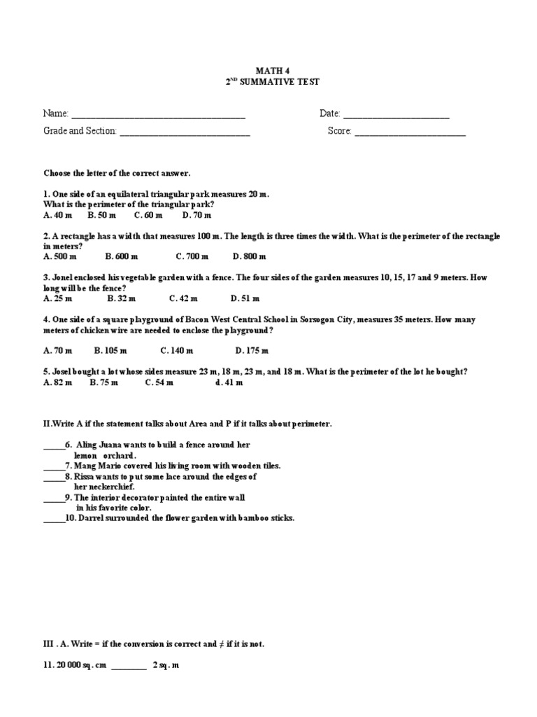 Math Summative Test # 2 | PDF