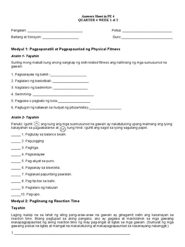 Physical Education Summative Test | PDF