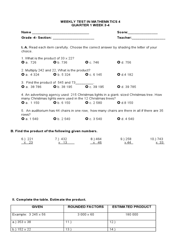 Q1-Math-Weekly Test-W3-4 | PDF