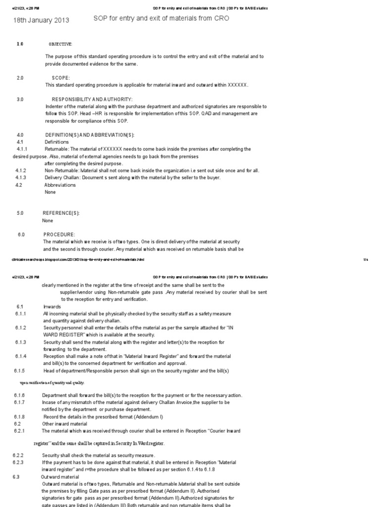 SOP For Entry and Exit of Materials From CRO - SOP's For BA - BE ...