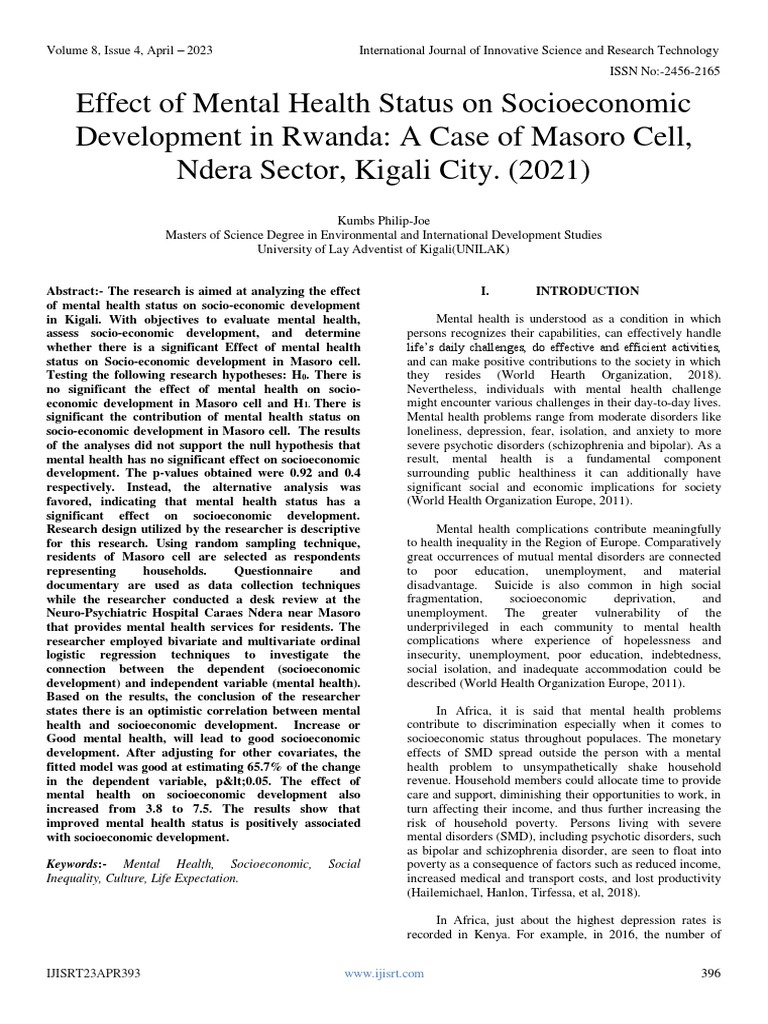 Effect of Mental Health Status On Socioeconomic Development in Rwanda ...