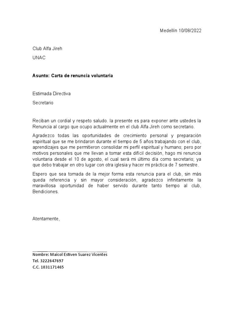 Carta de Renuncia Club | PDF
