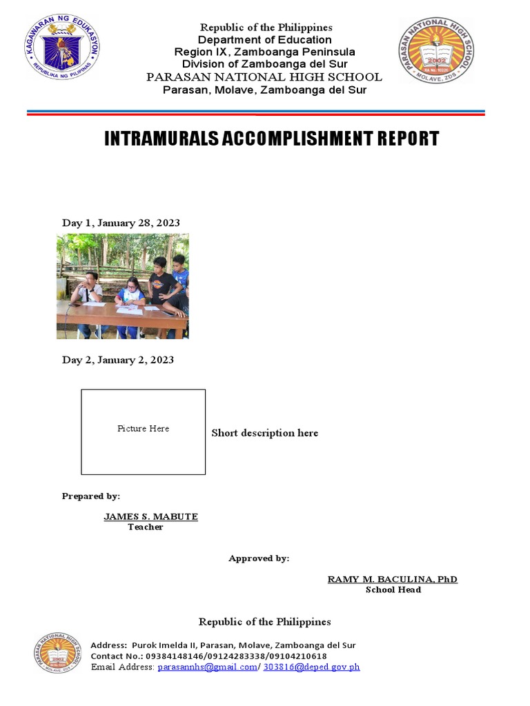 Intramurals Accomplishment Report: Parasan National High School | PDF