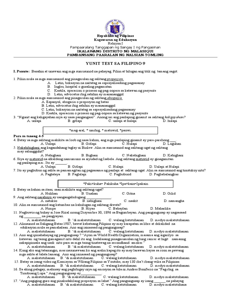 Yunit Test Sa Filipino 9 | PDF