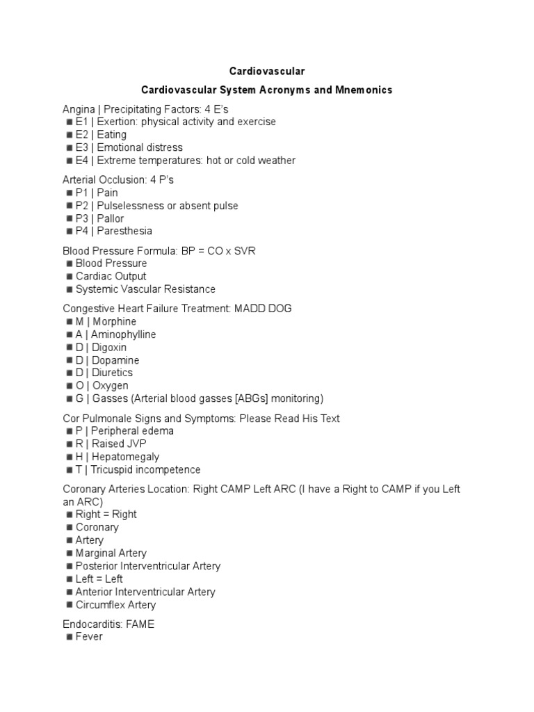 Memonic Exam 2 | PDF | Heart | Myocardial Infarction
